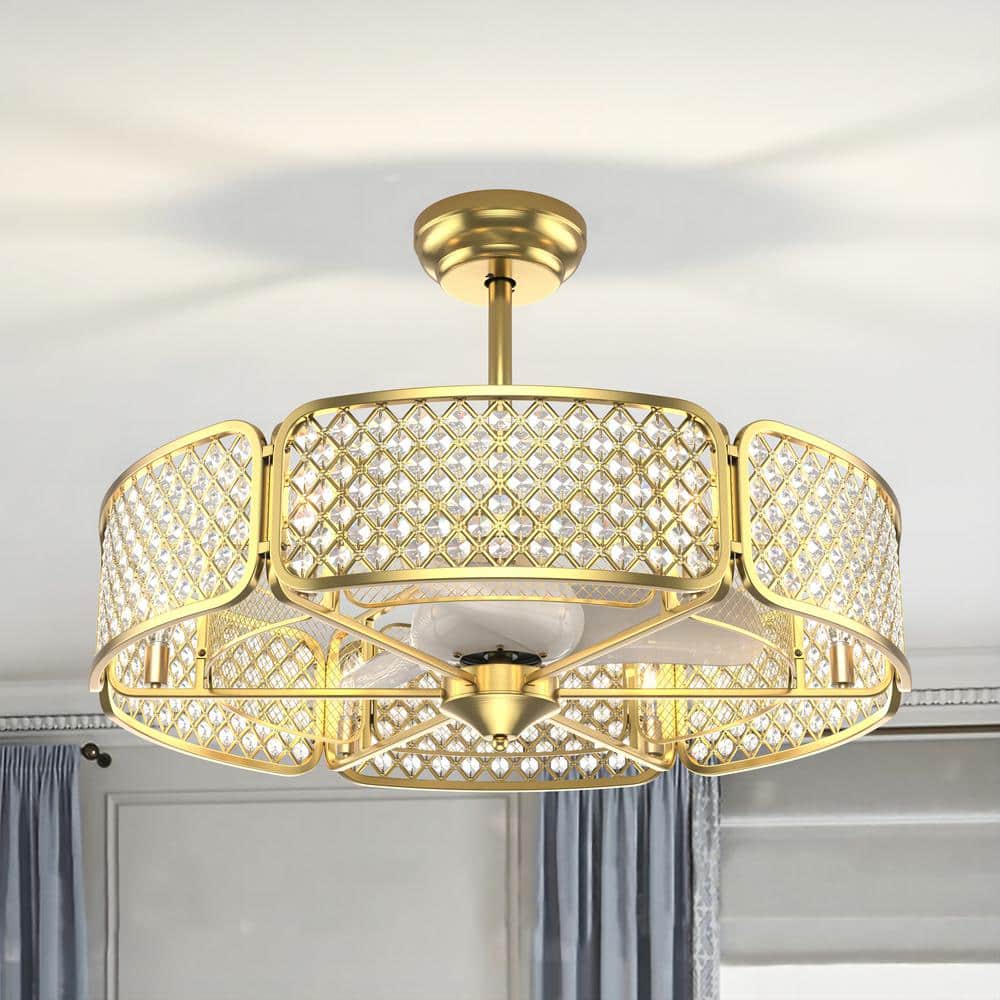 FORCLOVER 30 in. Indoor Golden Caged Ceiling Fan with Light Crystal ...