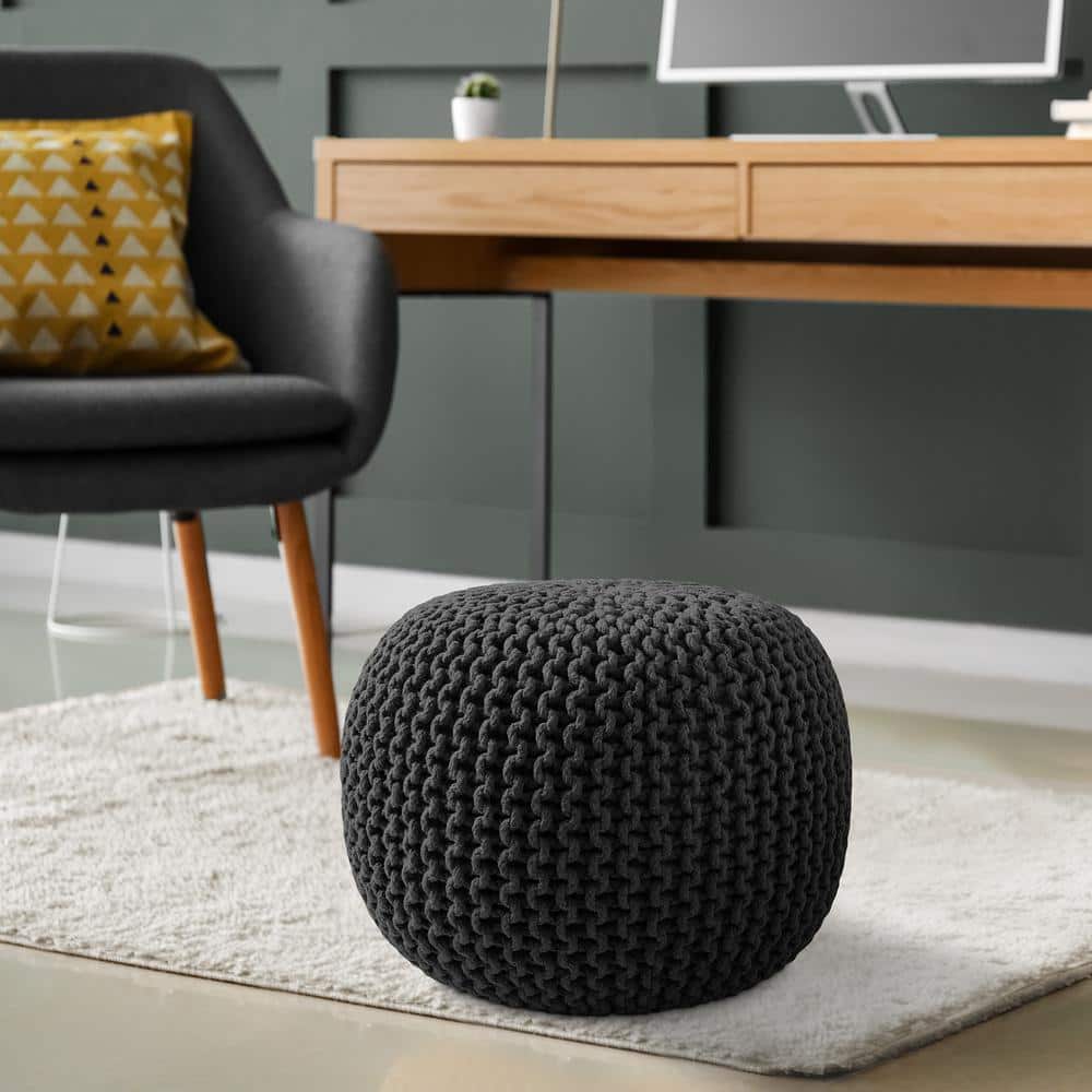 Casafield Black Knit Cotton Round 20 in. x 20 in. x 14.5 in. Pouf Foot ...
