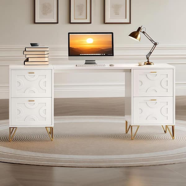 BYBLIGHT Moronia 59 in. White and Gold Computer Desk with 4 File ...