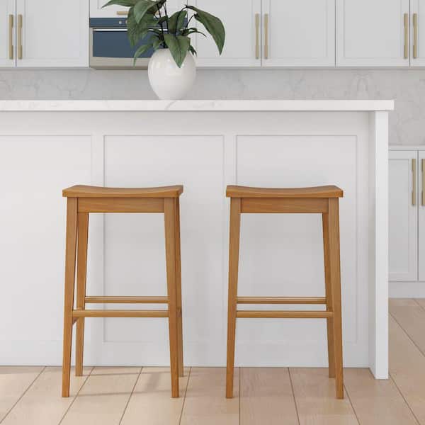 PLANK+BEAM Smythe 30 in. Pecan Backless Wood Bar Stool with Saddle Seat ...