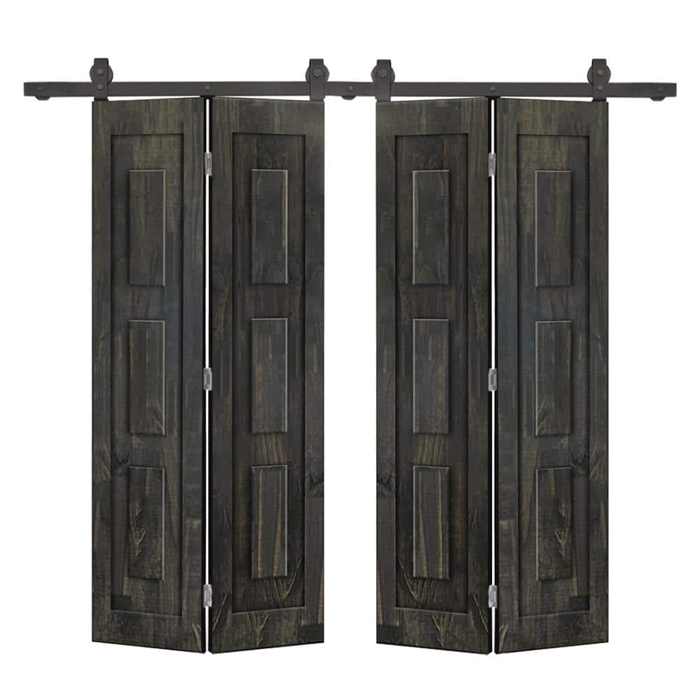 CALHOME 48 in. x 84 in. 3-Panel Shaker Hollow Core Charcoal Black Pine Wood Double Bi-fold Door ...