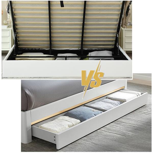 White Frame King Size Upholstered Platform Bed with Lift Up Storage Supported by Metal and Wooden Slats