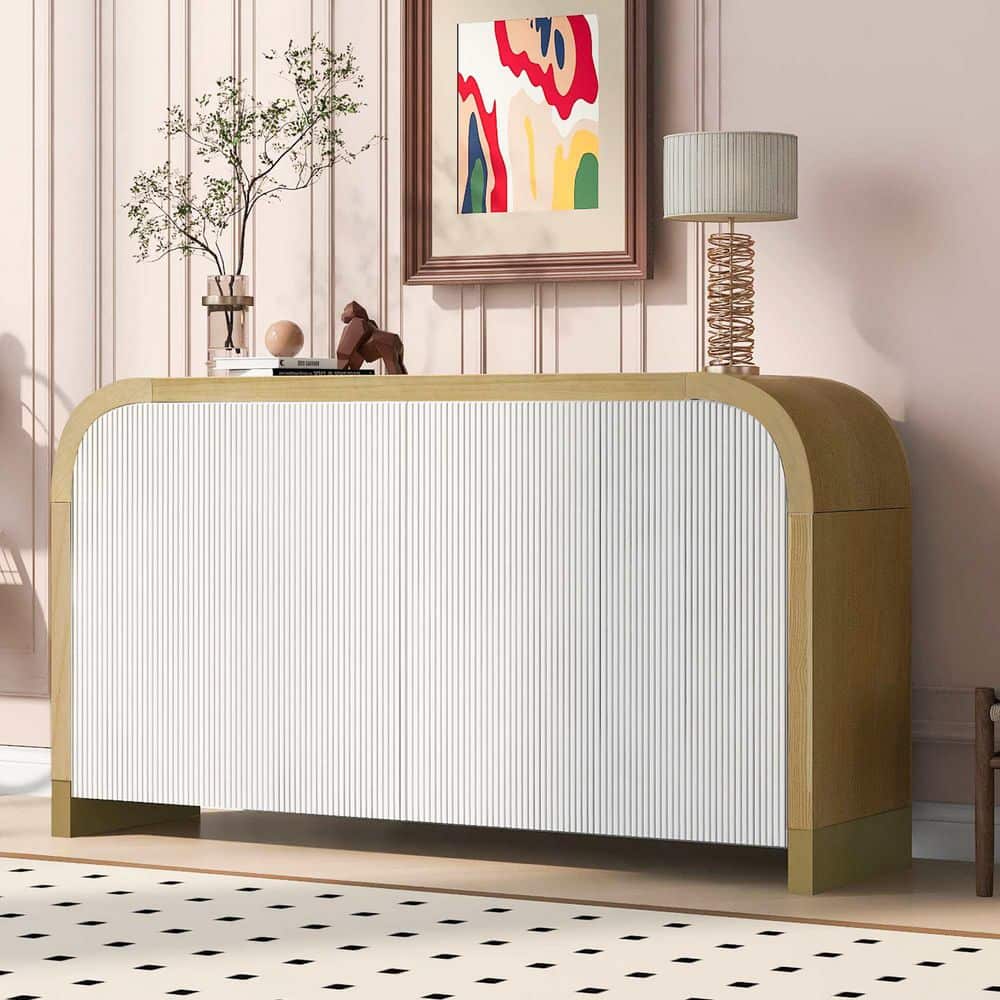 Polibi White Wood 59.8 in. Sideboards with 4-door Curved Corner Design ...