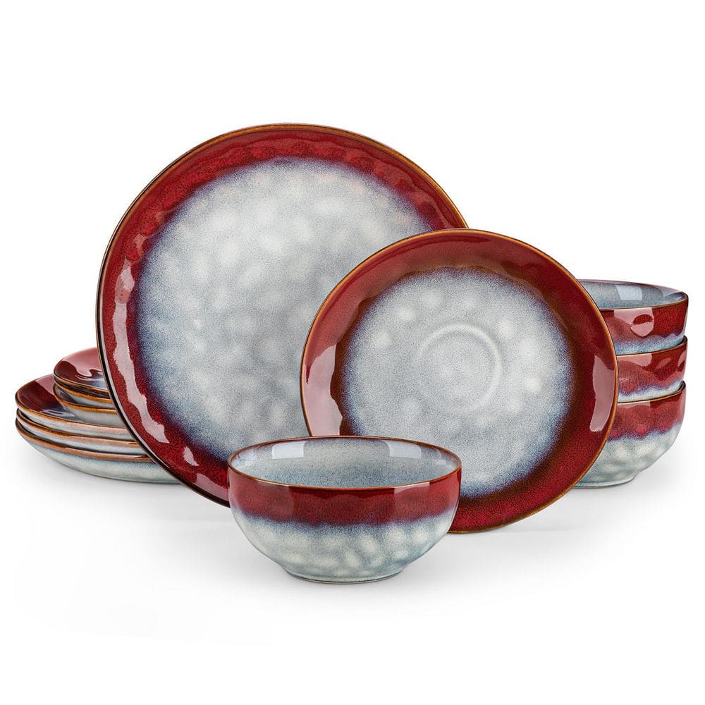 MALACASA 12-Piece Red Stoneware Dinnerware Set Service for 4 Bowls and ...