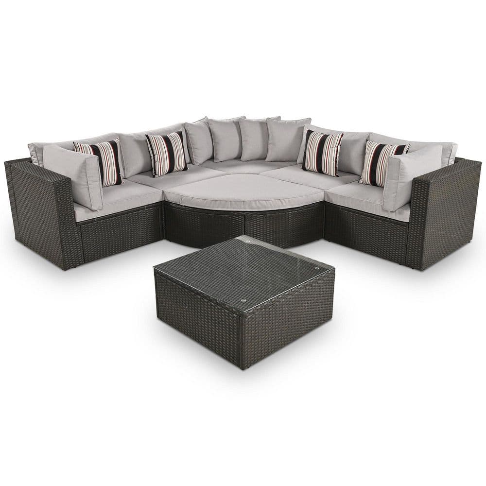 Brown 7-Piece Wicker Outdoor Sectional Set, Rattan Conversation Set ...