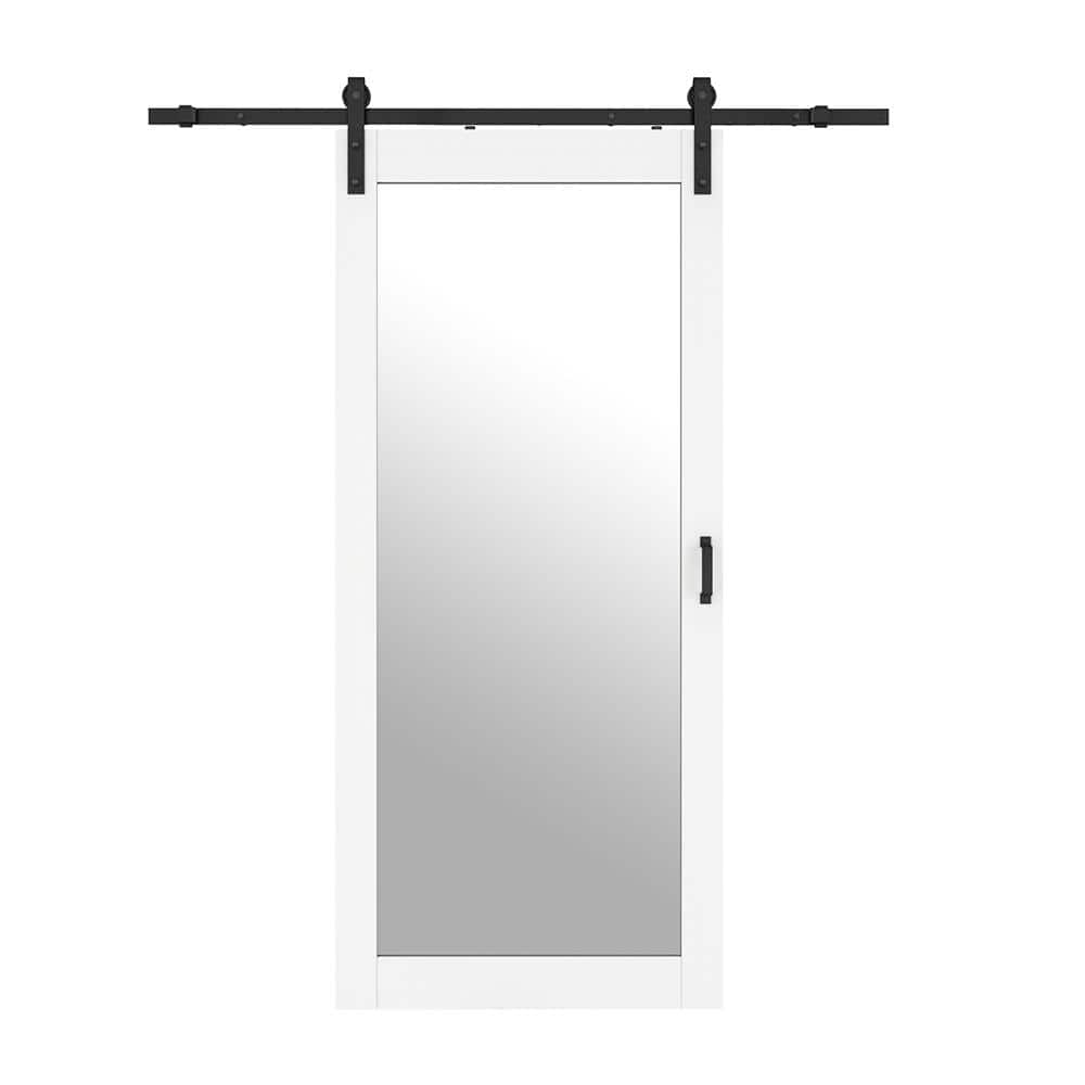 CALHOME 36 in. x 84 in. Mirrored Glass White MDF Interior Sliding Barn ...