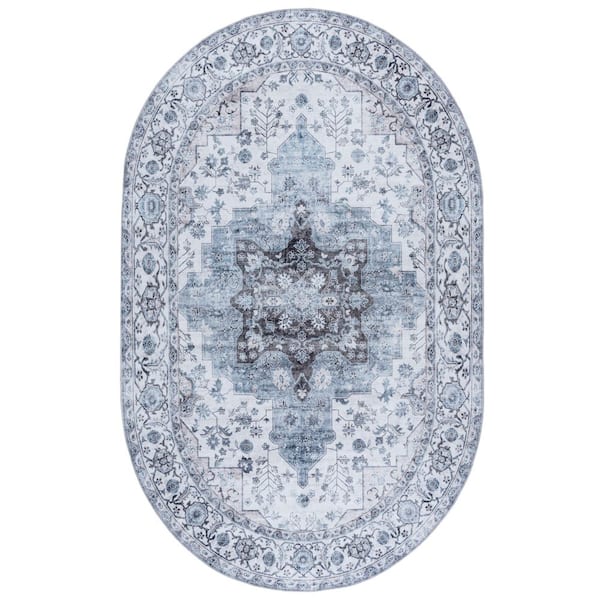 SAFAVIEH Arizona 5 ft. x 8 ft. Ivory/Blue Machine Washable Border ...