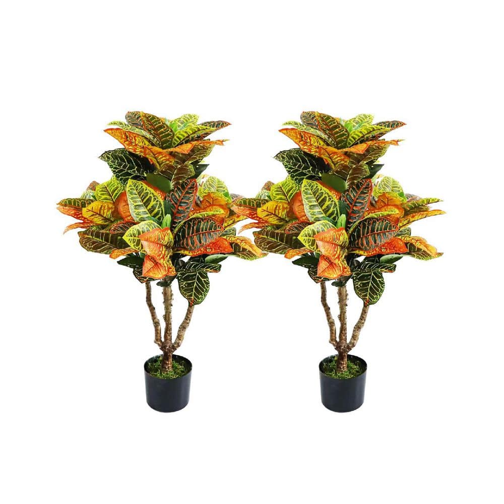 35 in. Green Indoor Croton Plant Artificial Shrub with Plastic Pot 2 ...
