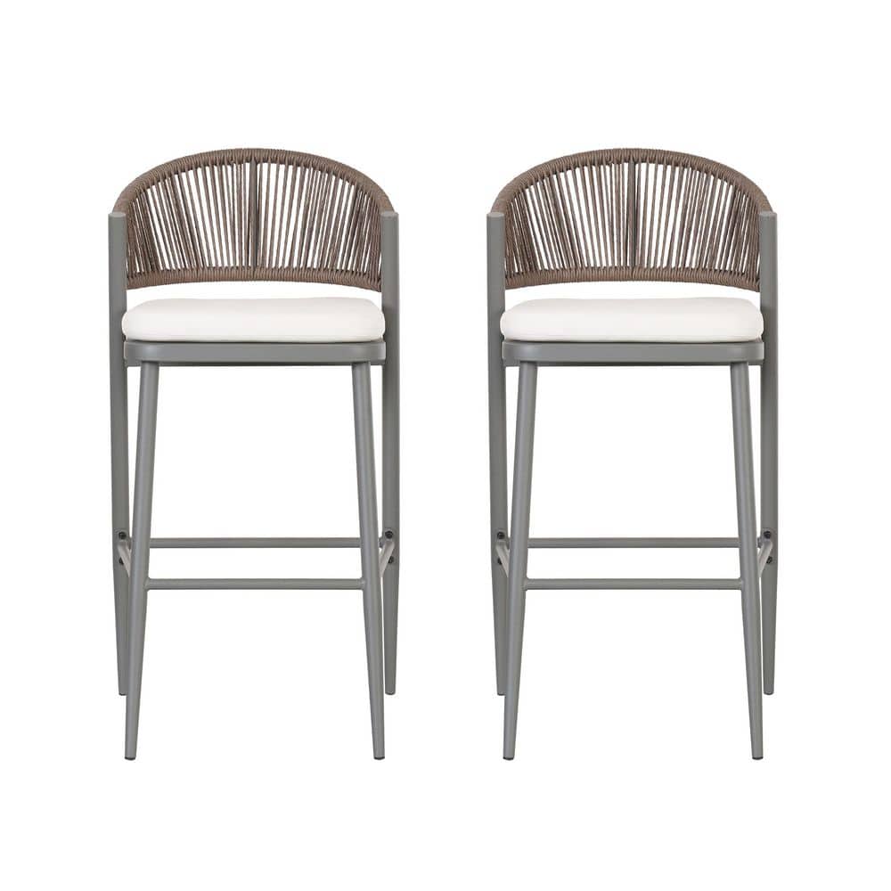 2-Piece Gray Aluminum Counter Outdoor Bar Stools with PE Rattan Scallop ...