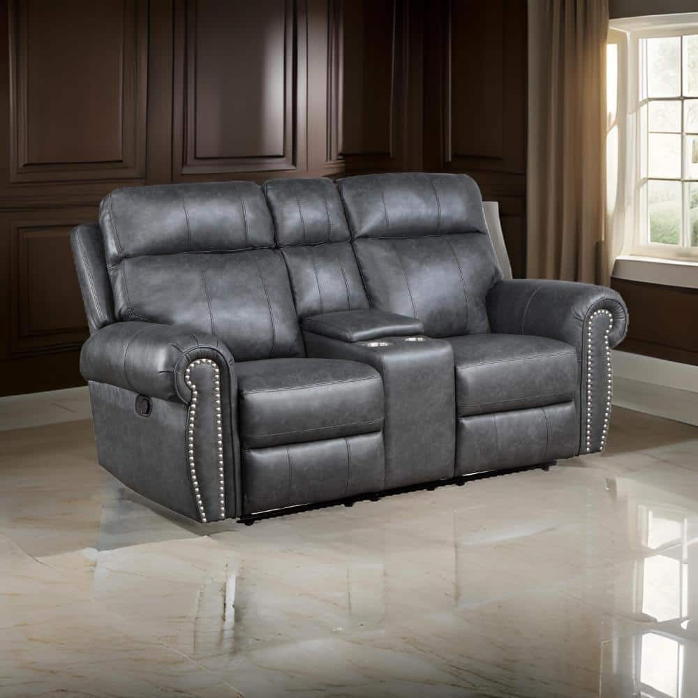 Benjara 74.5 in. Rolled Arm Faux Leather Rectangle Loveseat Recliner ...