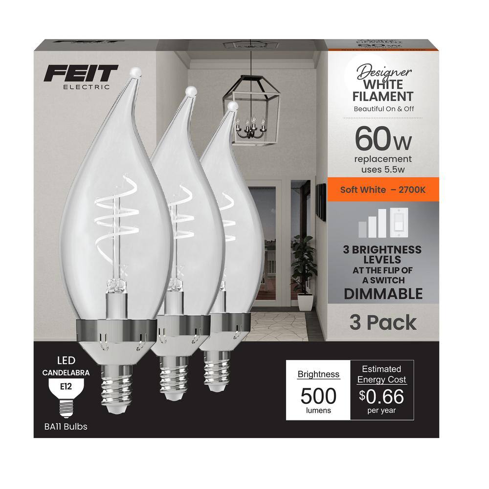 Feit Electric 60W Equivalent BA11 E12 Candelabra Switch to Dim White ...