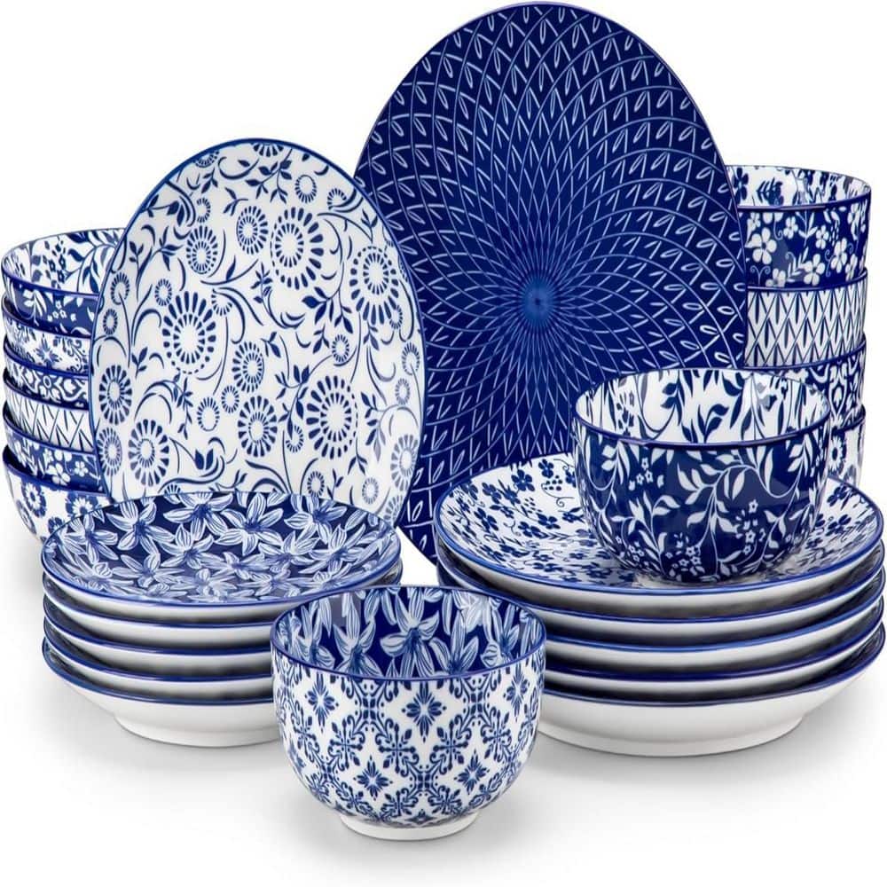 Numhew 24-Piece Blue Porcelain Dinnerware Sets, Plates and Bowls Set ...