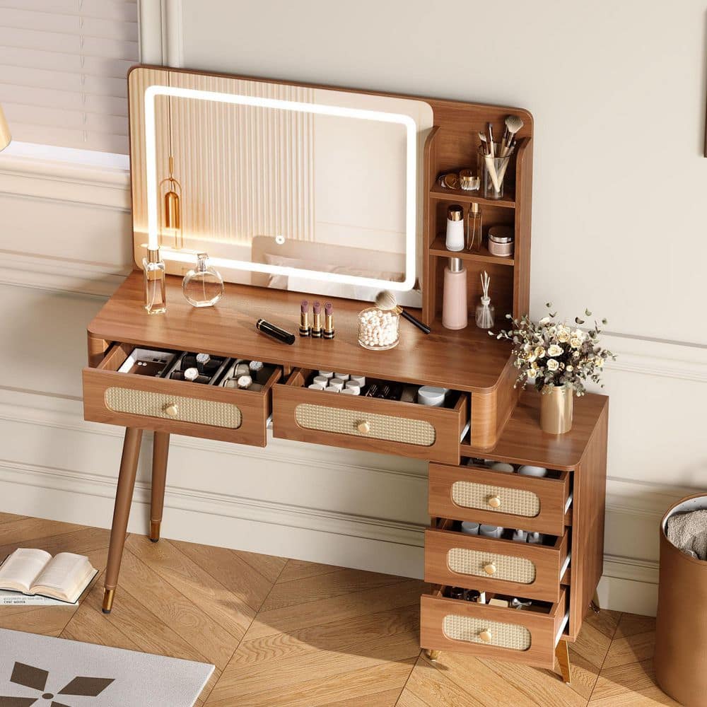 Polibi Rattan Drawer Design Walnut Makeup Vanity w/ Mirror Adjustable ...