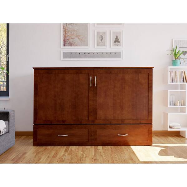 AFI Raleigh Queen Walnut Wood Murphy Bed Chest with Mattress, Storage ...