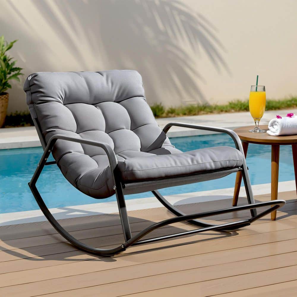 Oversized Gray Metal Outdoor Rocking Chair Papasan Lounge Chair with ...