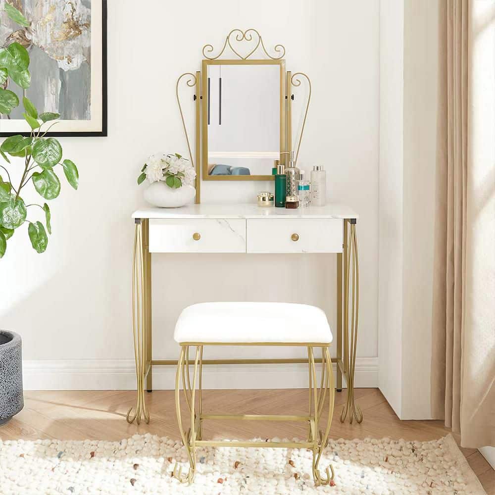 Bestier Vanity Table Set 3 Pieces Table w/Mirror and Stool, White ...