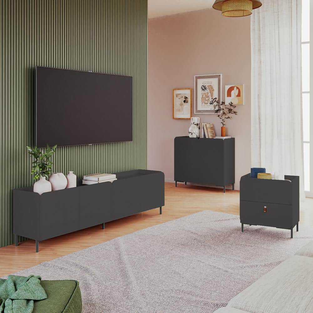Manhattan Comfort Bogardus 3-Piece Black TV Stand Living Room Set Fits ...
