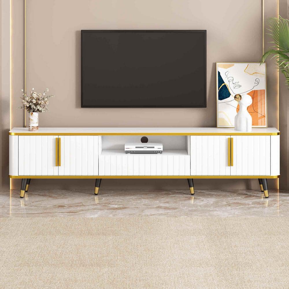Polibi Modern White/Gold TV Stand Fits TV's Up to 85 in. with Open ...