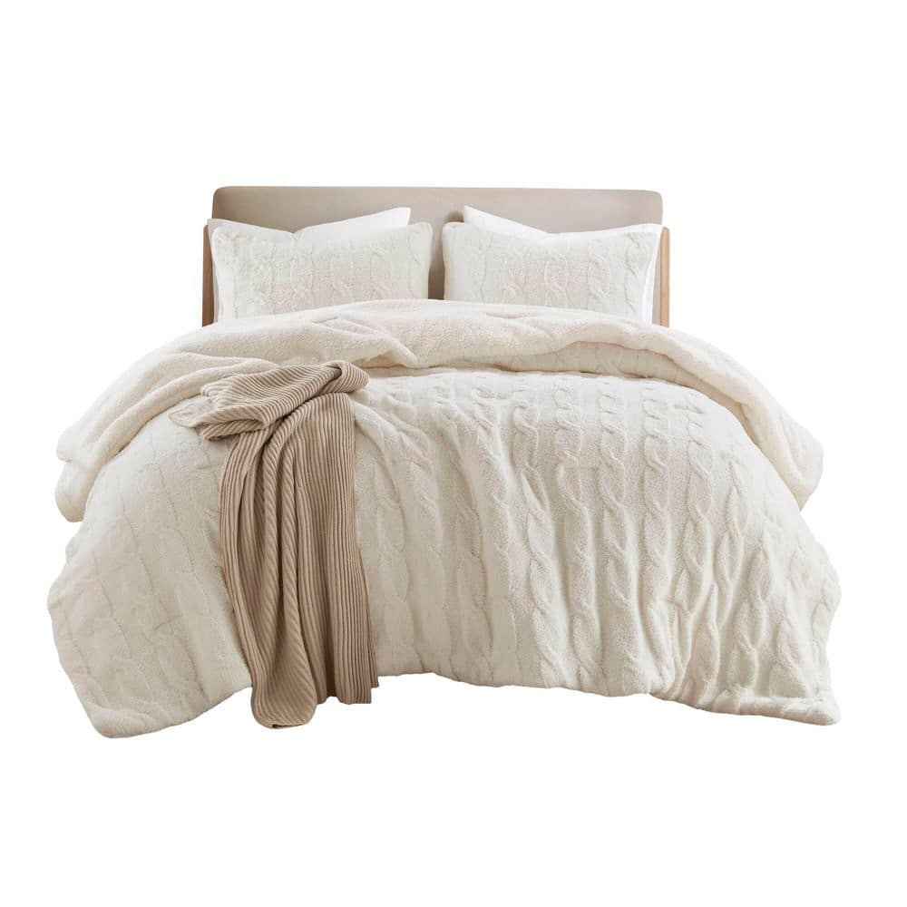 Classic 3 Pieces Bedding Ivory Full/Queen Gray Waffle and Cable Knit ...