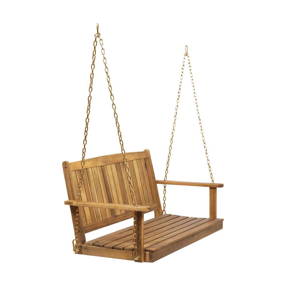 COOLSHARK 800 lbs. 2-Person Outdoor Acacia Wood Patio Swing Chair Heavy Duty Porch Swing Bench ...