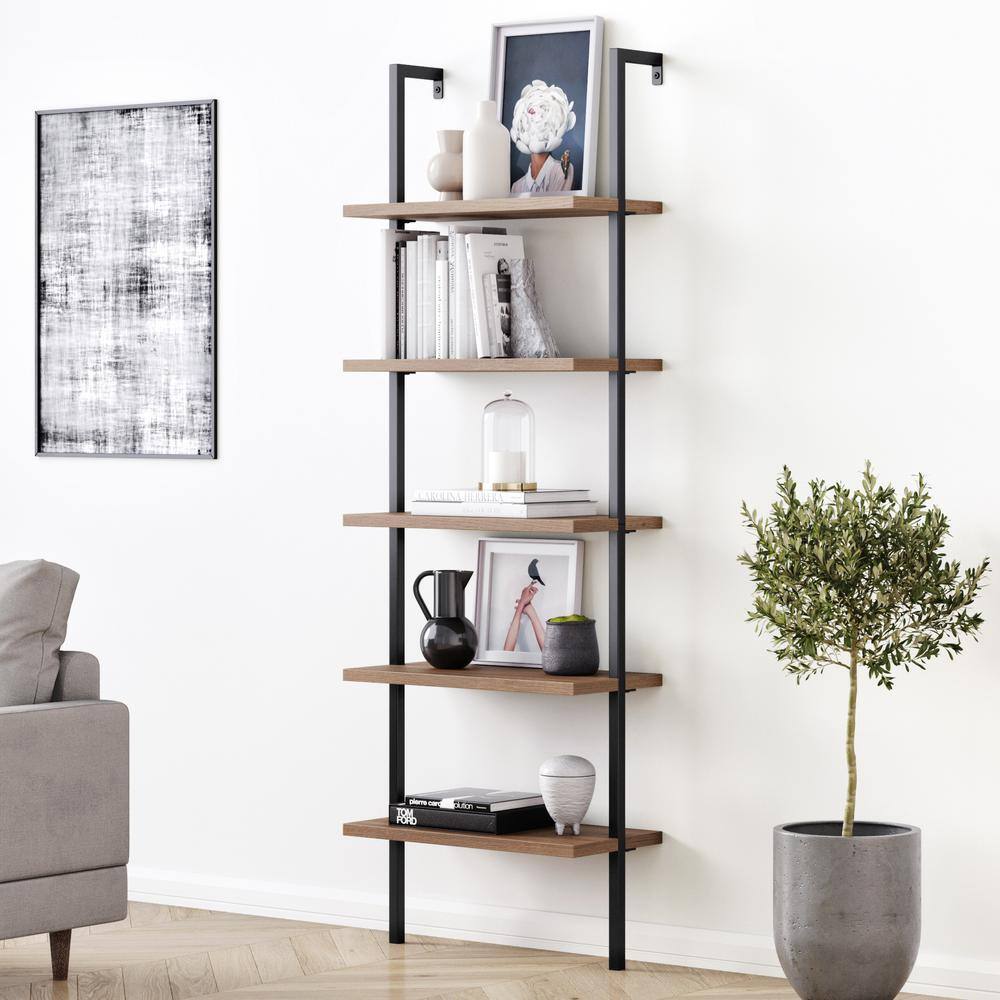 Nathan James Theo 73 in. Matte Black Reclaimed Oak Wood 5-Shelf Ladder ...