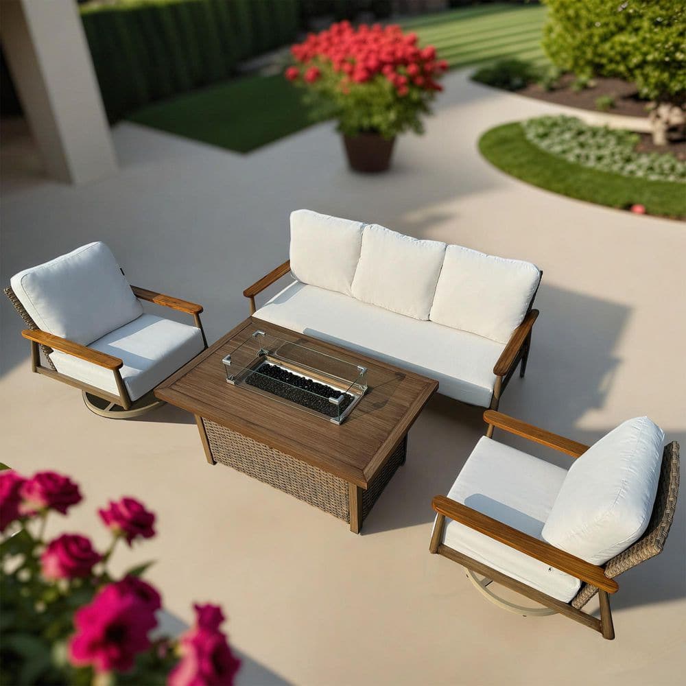 HiGreen Outdoor Manbo 4-Piece Brown Wicker Patio Fire Pit Seating Set with Cast Natural Cushions ...