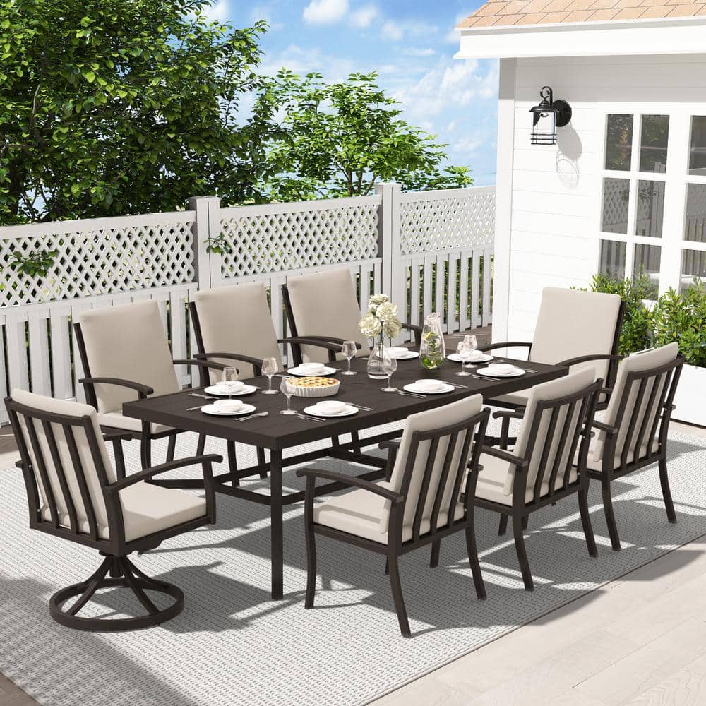 EGEIROSLIFE AluLux 9-Piece Dark Brown Aluminum Outdoor Dining Set with 2-Swivel Dining Chairs ...
