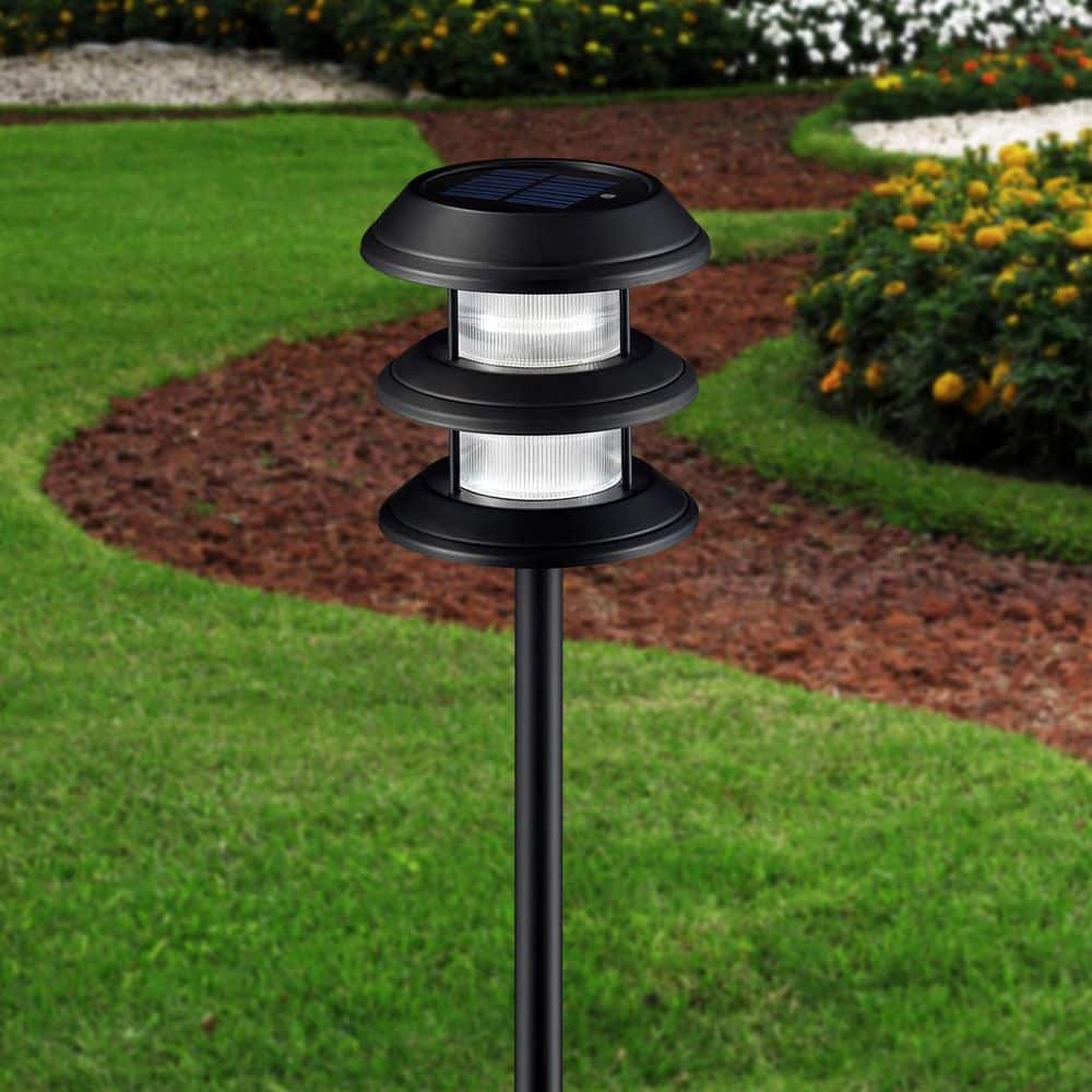 Hampton Bay Solar 10 Lumens Black Outdoor Integrated LED 3-Tier Powered ...