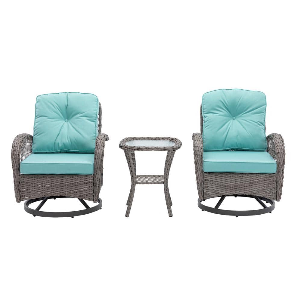 Cesicia 3-Piece Wicker Patio Conversation Chair Set With Blue Cushions ...