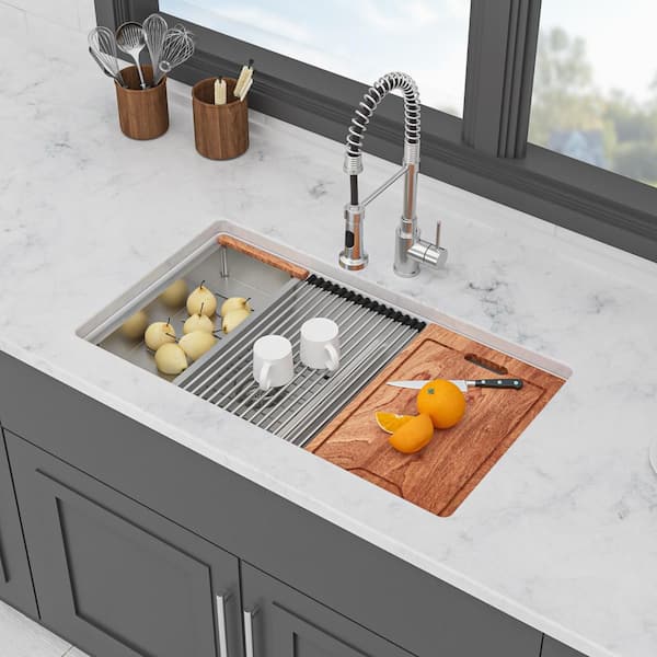 DELUXE DL LIVING 33 in. Undermount Quartz/Granite Composite 50/50 Split ...