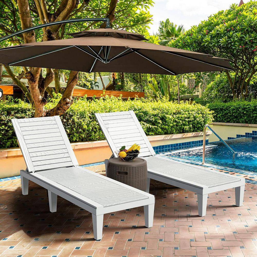 Grayish-white 2-Piece Plastic Outdoor Chaise Lounge with Adjustable ...