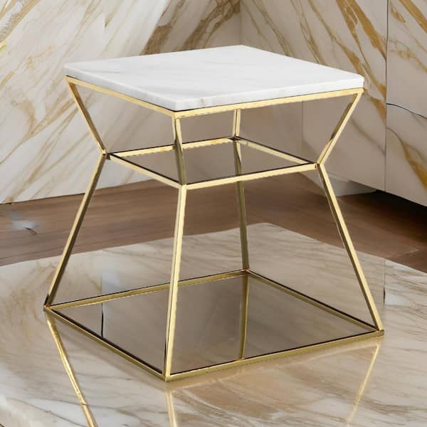 Benjara 18 in. White and Gold Square Marble End Table with Open ...