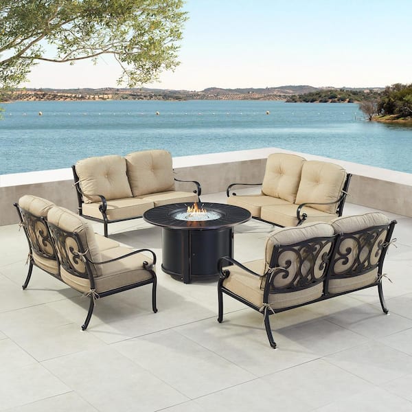 Oakland Living Black Aluminum Fire Table Set with 4-Deep Seating ...