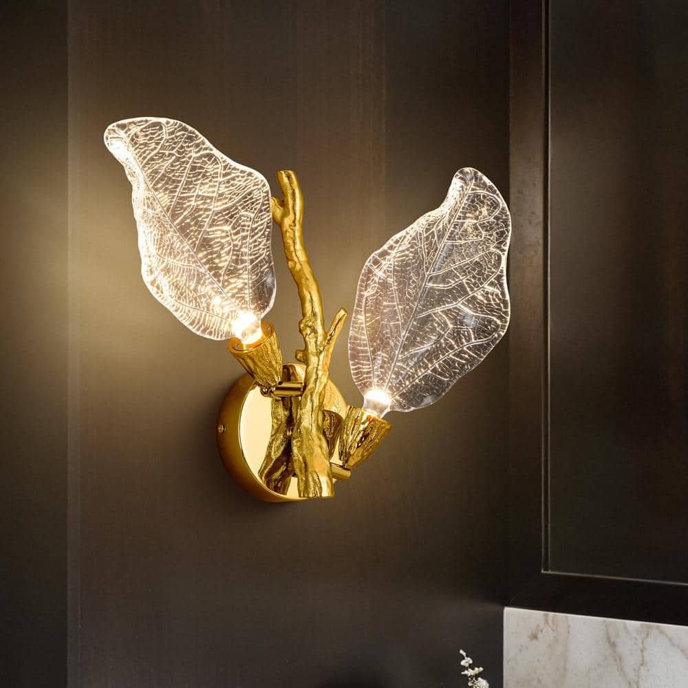 YUYI 2-Light Gold Bionic Leaf Wall Sconce, LED Vanity Lighting Fixtures ...