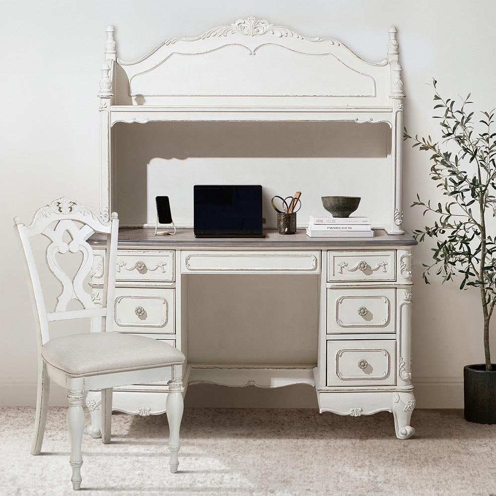 Grazioso 50 in. Vintage Solid Wood 6 Drawers Writing Desk with Keyboard Tray Shelf in Antique White Finish