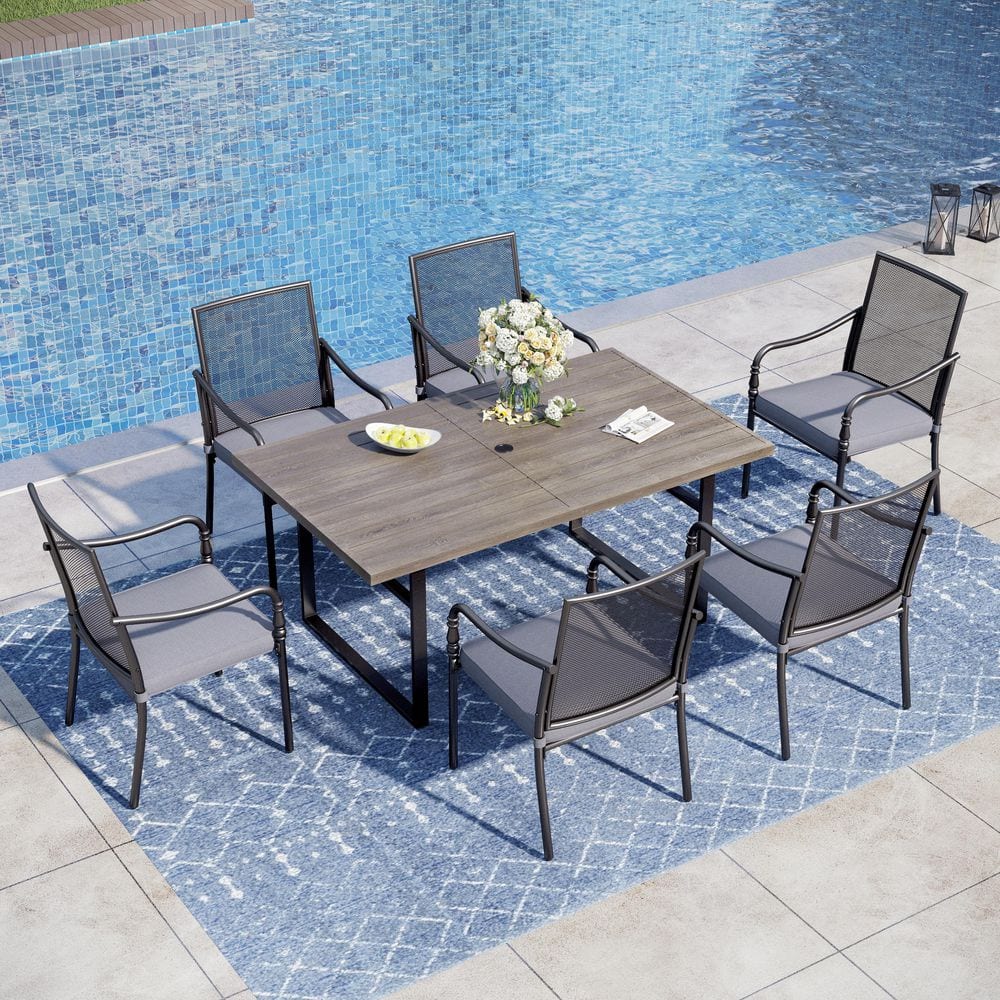 PHI VILLA 7-Piece Black Metal Patio Outdoor Dining Set with U-Shaped ...
