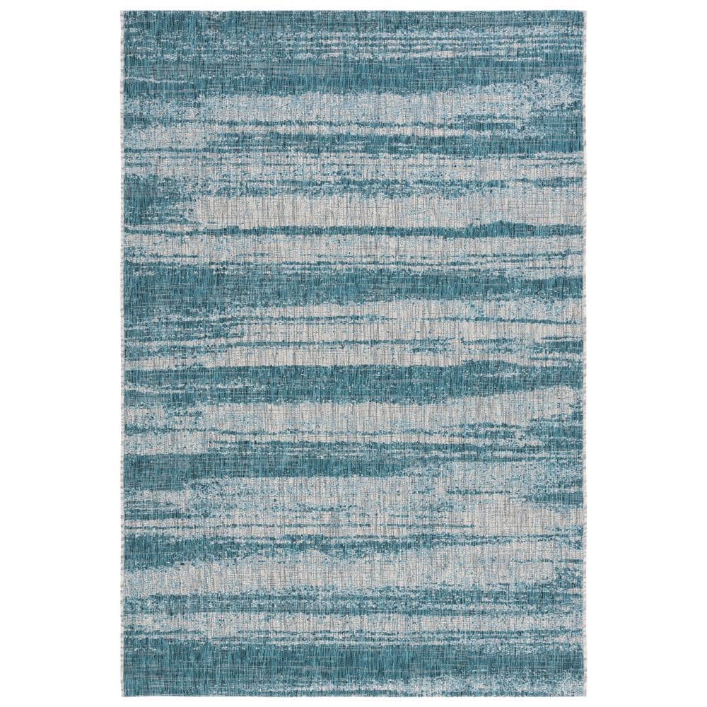SAFAVIEH Courtyard Gray/Teal 7 ft. x 10 ft. Blurred Striped Indoor ...