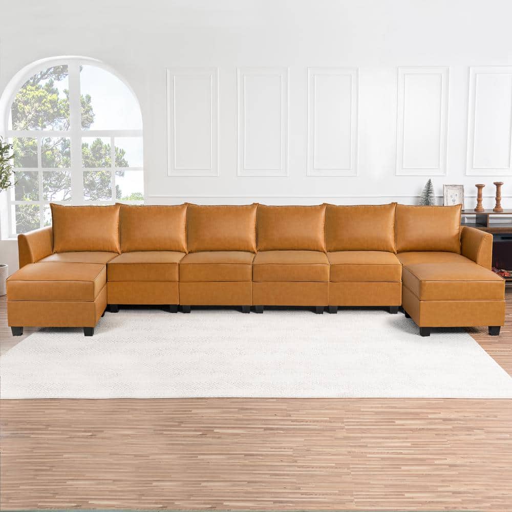 MAYKOOSH 112.8 in. Contemporary 1-Piece Caramel Faux Leather 6-Seater ...