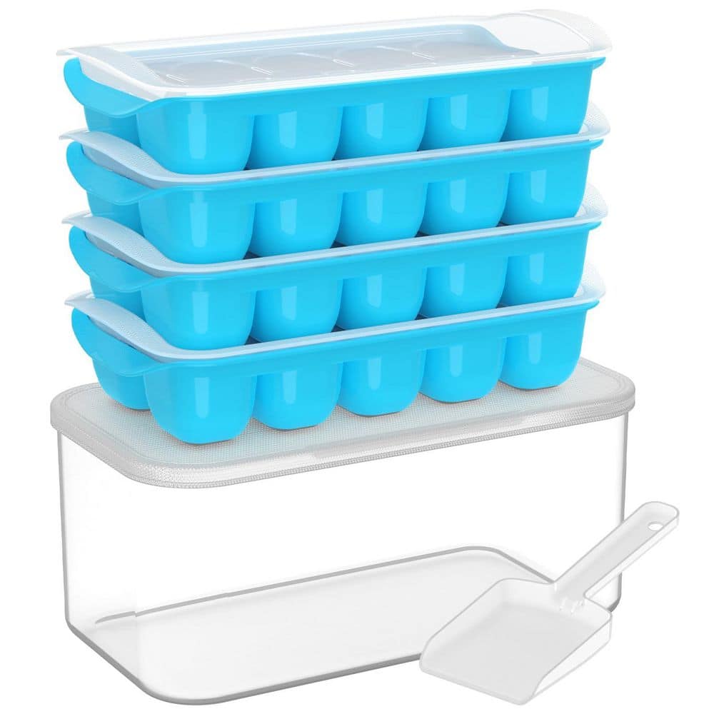 Wudkey Space Saving Stackable Blue Square Ice Cube Tray Set with Lid ...