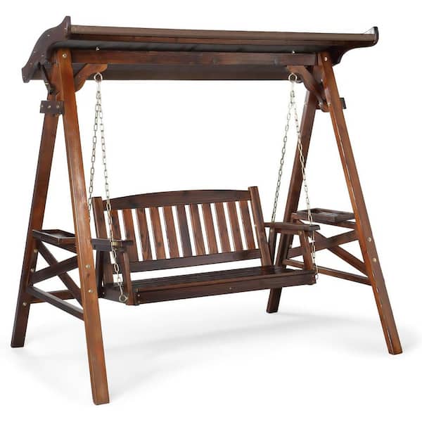 Karl home 2-Person Outdoor Wood Patio Swing with Stand and Canopy ...