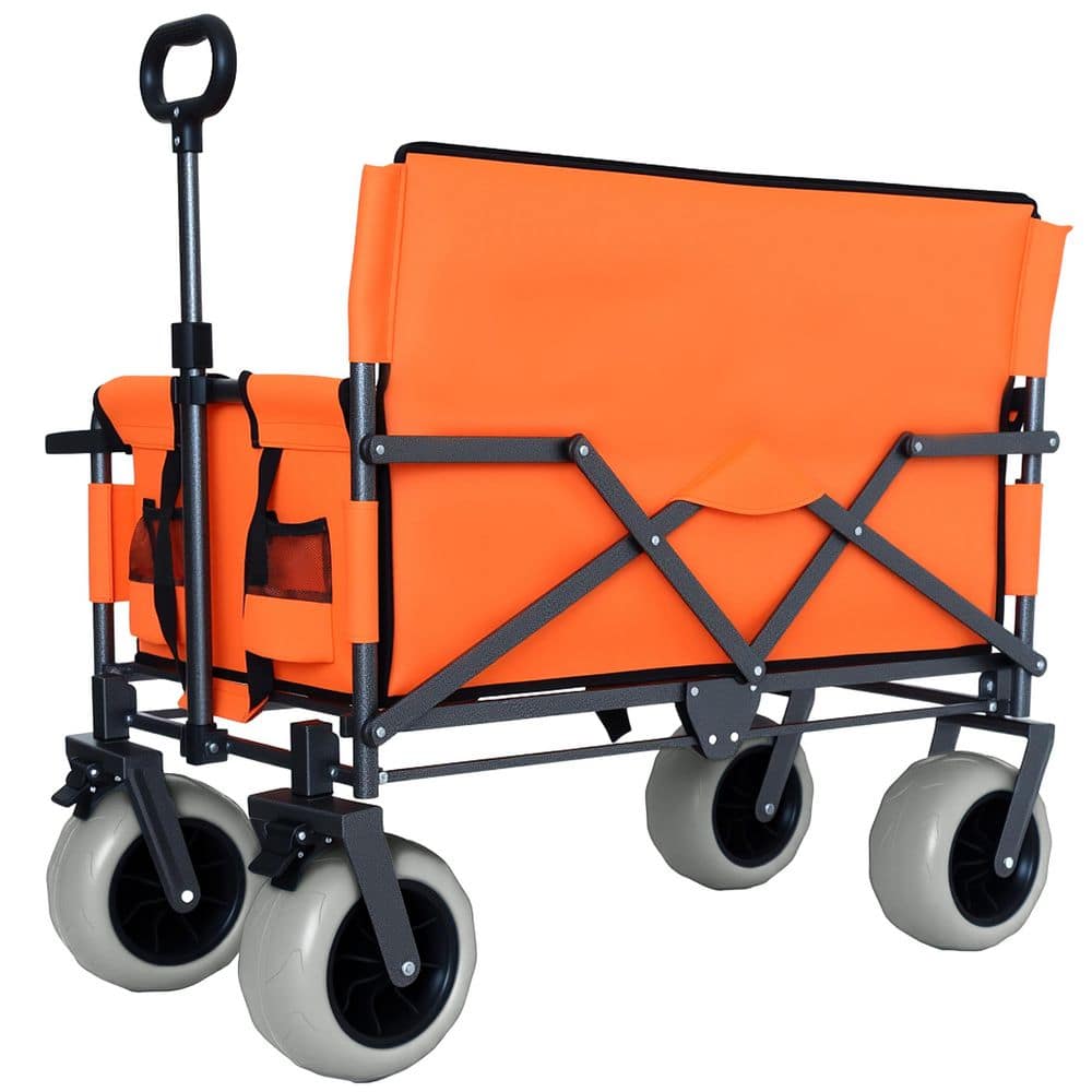 3 cu. ft. Orange Steel Foldable Wagon Garden Cart with Bench Seat and ...