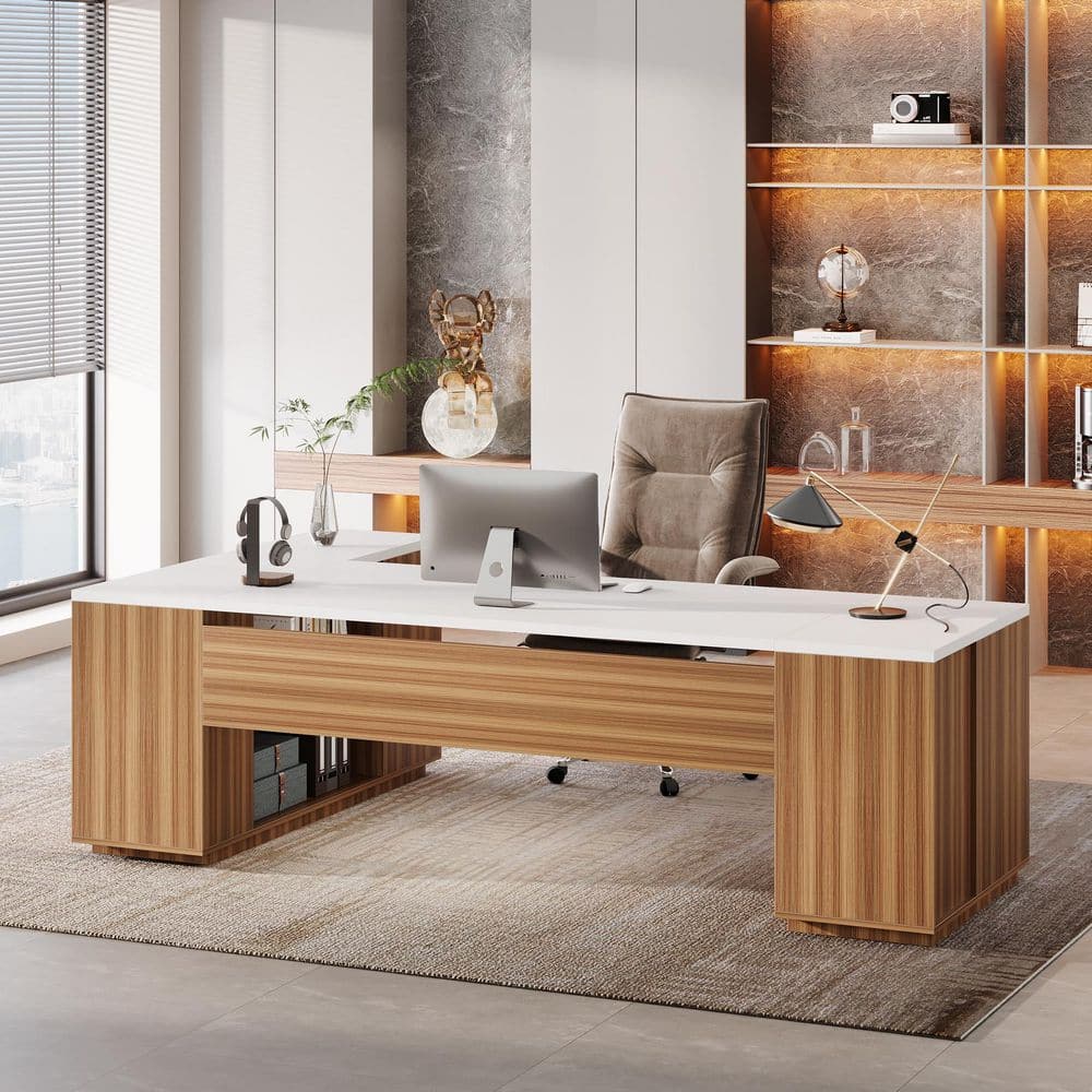 BYBLIGHT Capen 86 in. White and Brown Super Spacious L-Shaped Executive ...