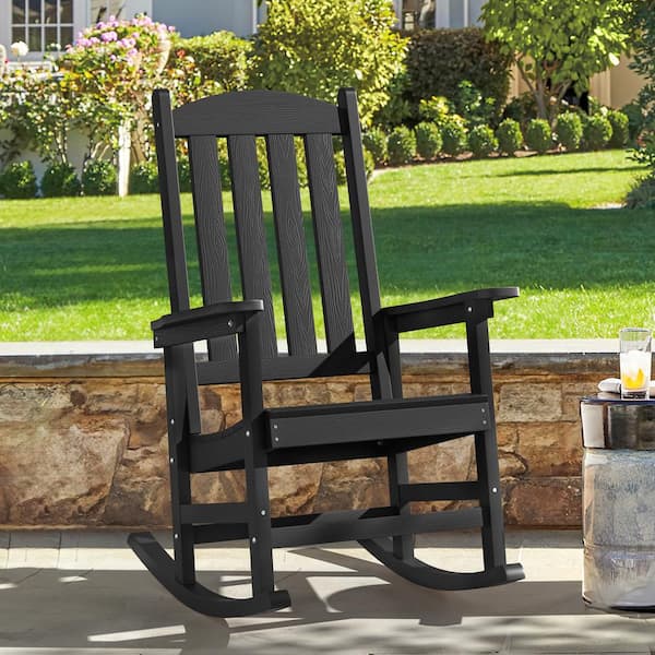 LUE BONA Black Plastic Adirondack Outdoor Rocking Chair with High Back ...
