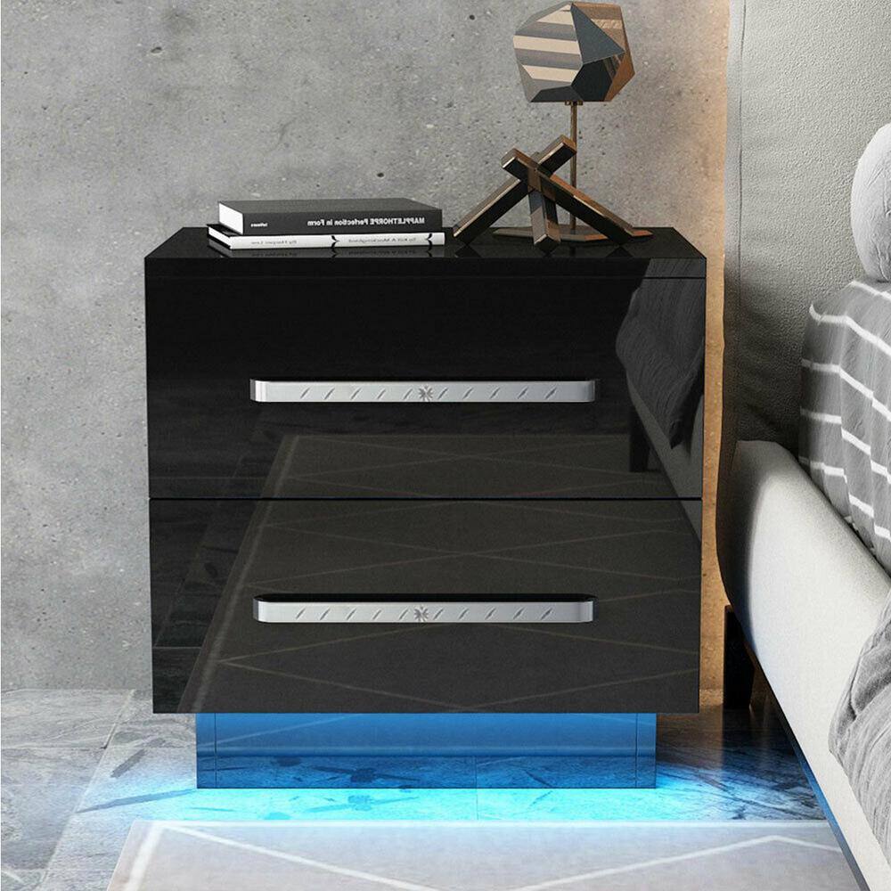 Black 2-Drawer High Gloss LED Nightstand, Modern Bedside Tables ...