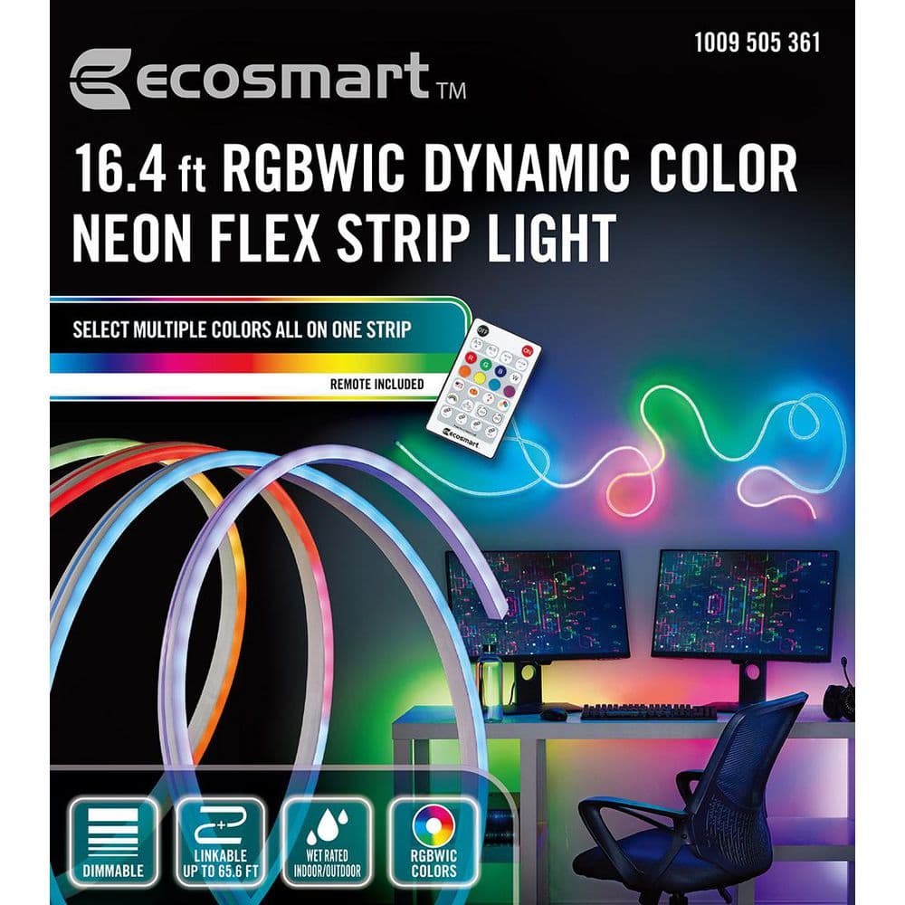 EcoSmart 16.4 ft RGBWIC DYNAMIC COLOR NEON FLEX STRIP LIGHT LR1321 ...