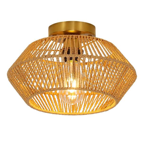 OUKANING 12.6 in. 1-Light Gold Retro Hand Woven Paper String Semi-Flush Mount Ceiling Light ...