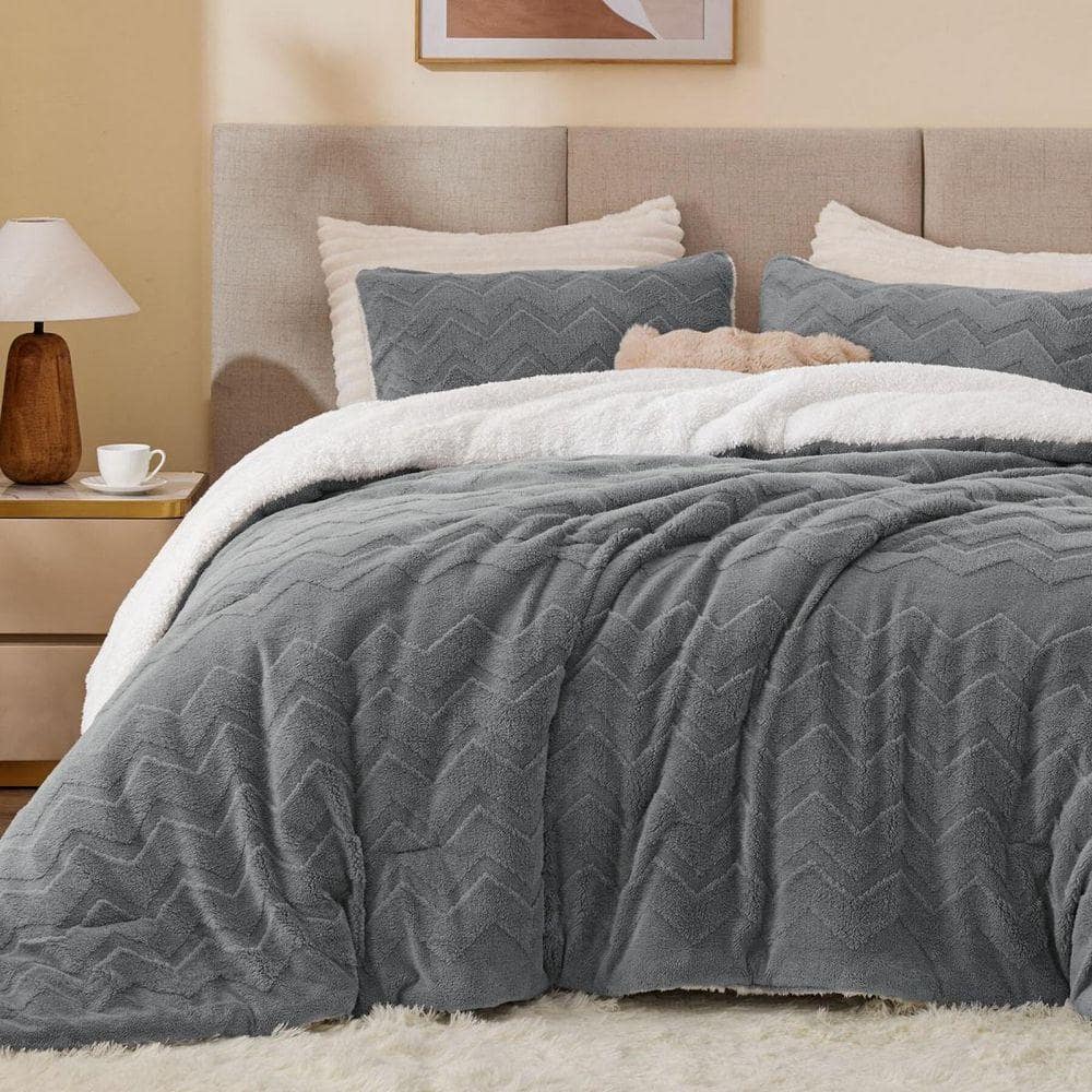 Winter 3-Piece Grey Super Soft Warm Textured Polyester Queen Comforter ...