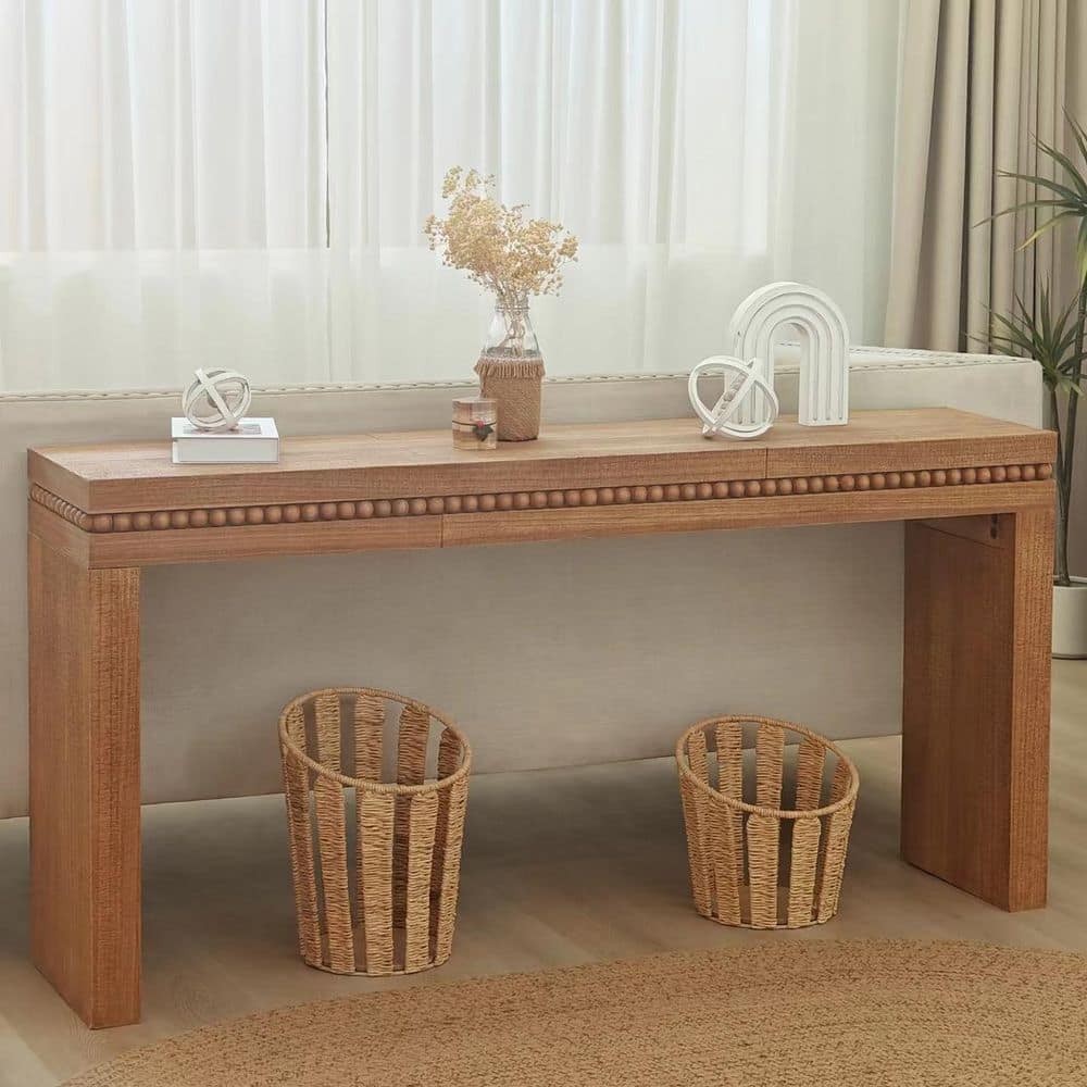 IDEAGLE 64 in. W Natural Rectangle Wood Console Table with Wood Beads ...