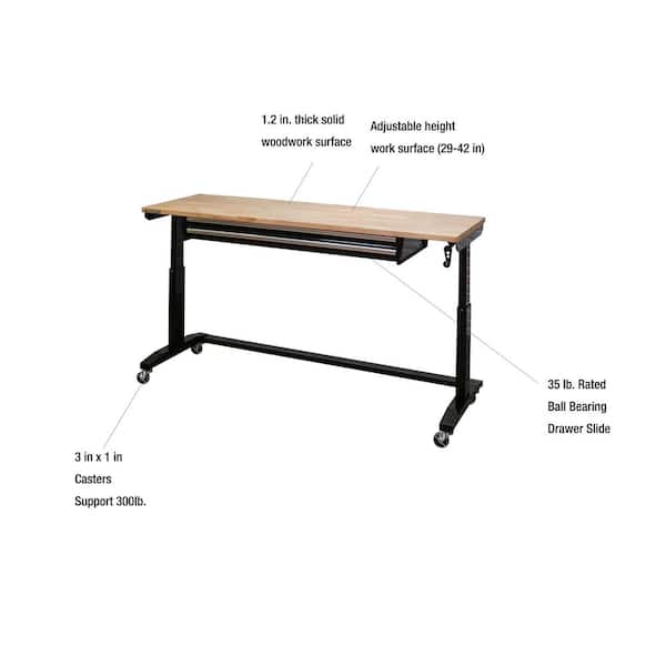 Husky 72 in. W x 24 in. D 2 Drawer Adjustable Height Black Workbench Table with Solid Wood Top HOTL7202B12 The Home Depot