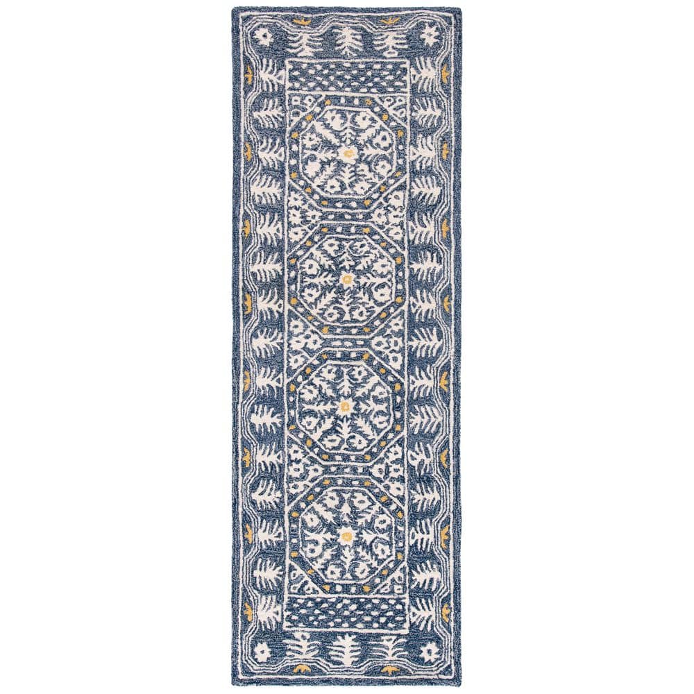 SAFAVIEH Micro-Loop Blue/Ivory 2 ft. x 7 ft. Multi-Border Runner Rug ...